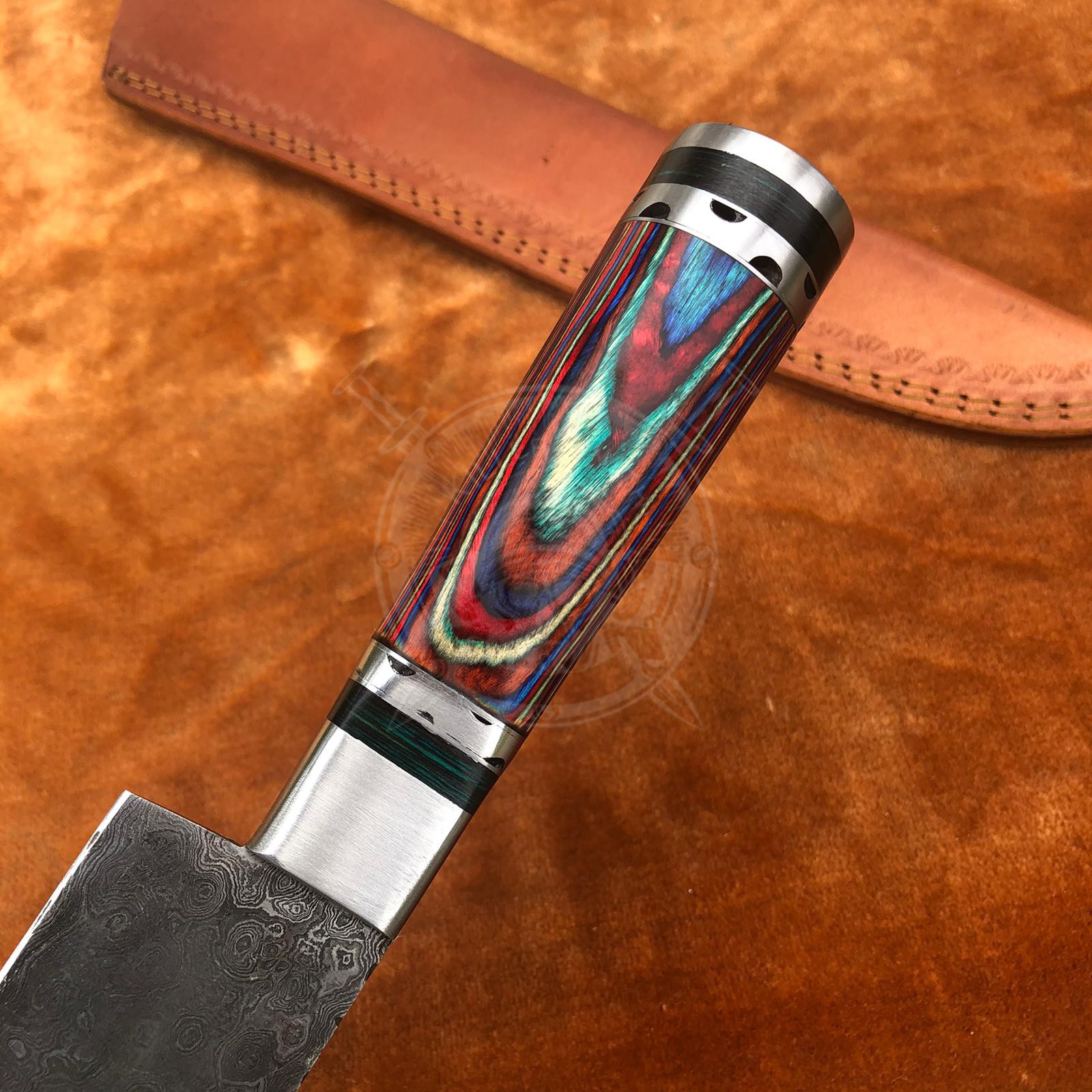 Custom Made Damascus Raindrop Kitchen Knife With Leather Sheath ...