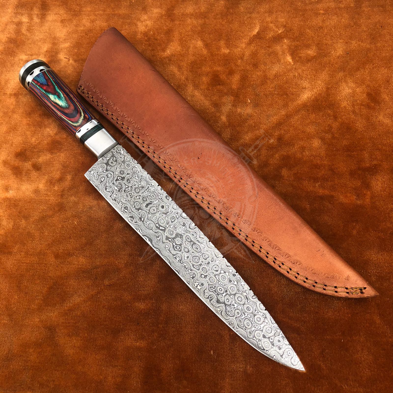 Custom Made Damascus Raindrop Kitchen Knife With Leather Sheath ...