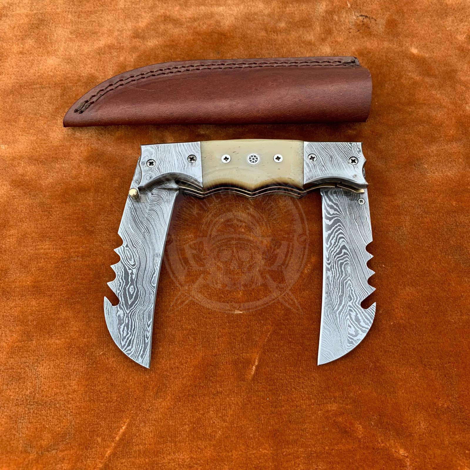 Double Blade Folder Knife – With Custom Leather Sheath – Killer Smith